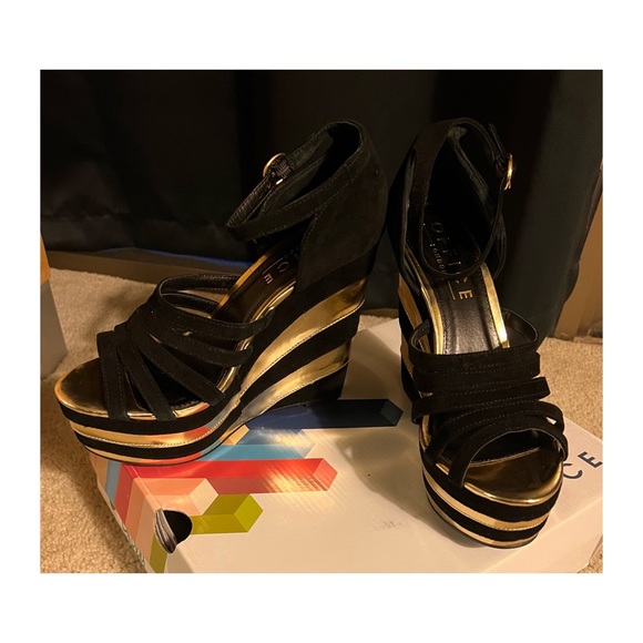 Topshop | Shoes | Topshop Office Black And Gold Wedges | Poshmark